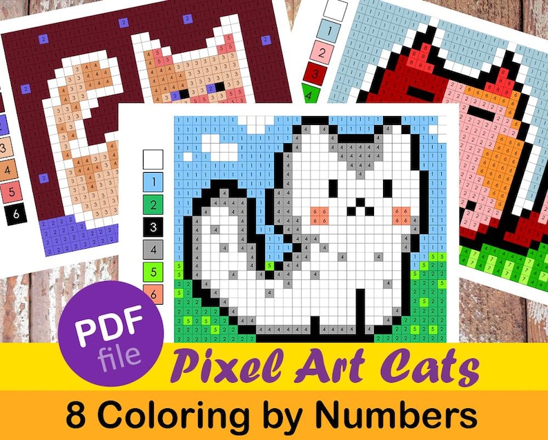 Cute Cats Pixel Art | Coloring by Numbers | Printable & Digital ...
