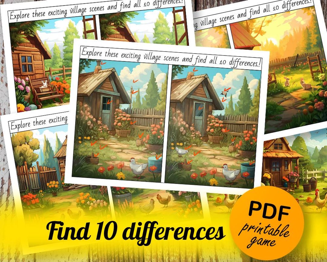 Spot the Difference Game - 8 Rural Scenes | Printable Find 10 Differences | Kids & Adults ...