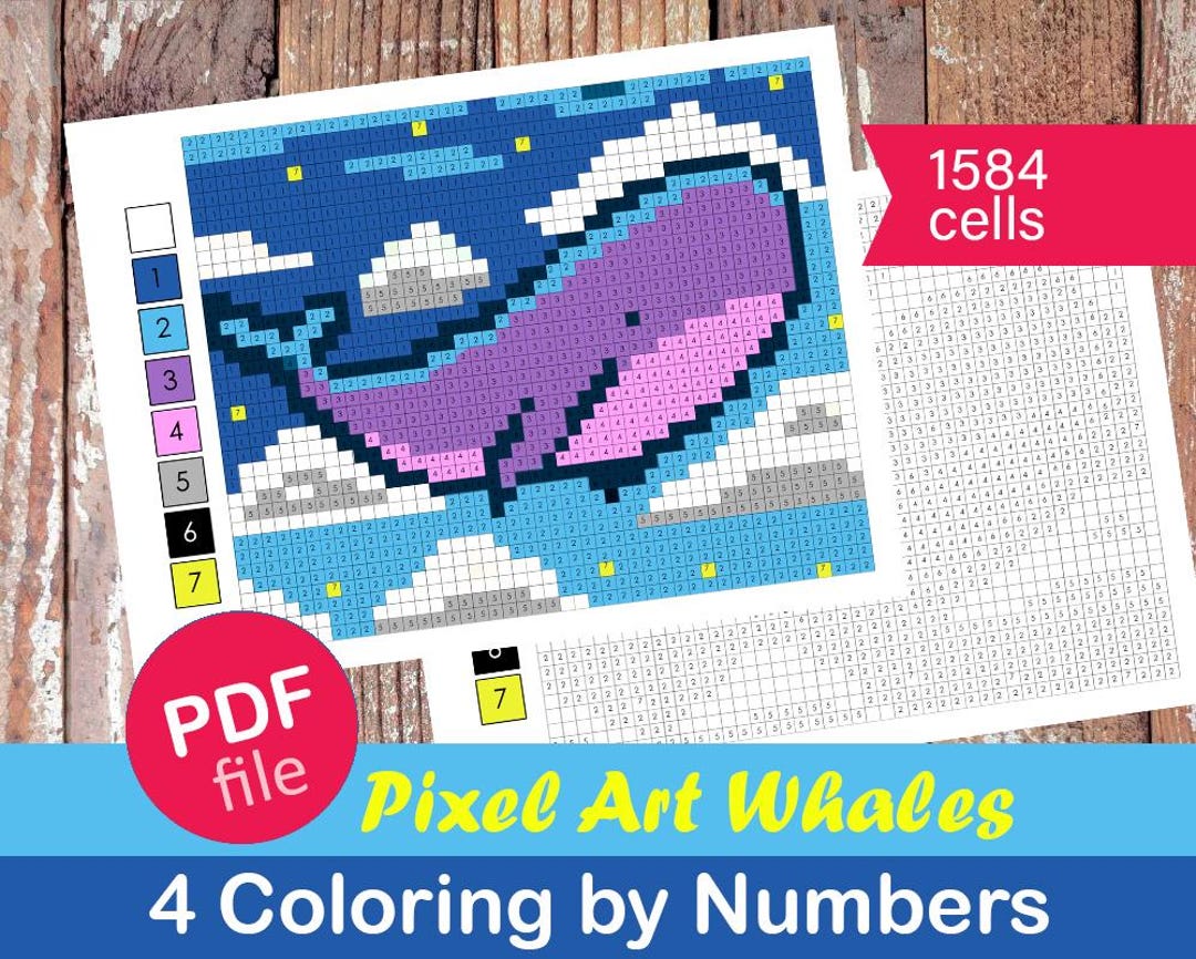 Pixel Art Color by Number - Whales | Printable PDF | Relaxing Pixel ...