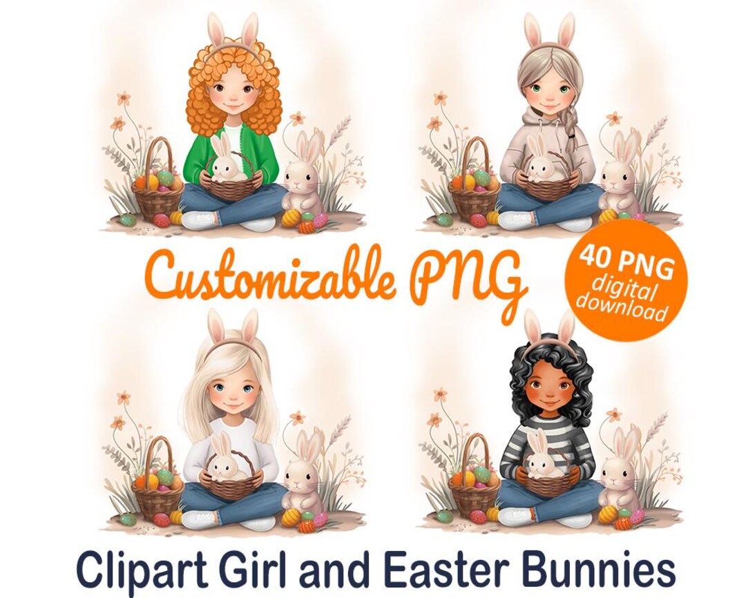 Customizable Girl With Easter Bunnies Clipart – Perfect for Gifts ...