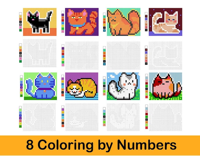Cute Cats Pixel Art | Coloring by Numbers | Printable & Digital ...