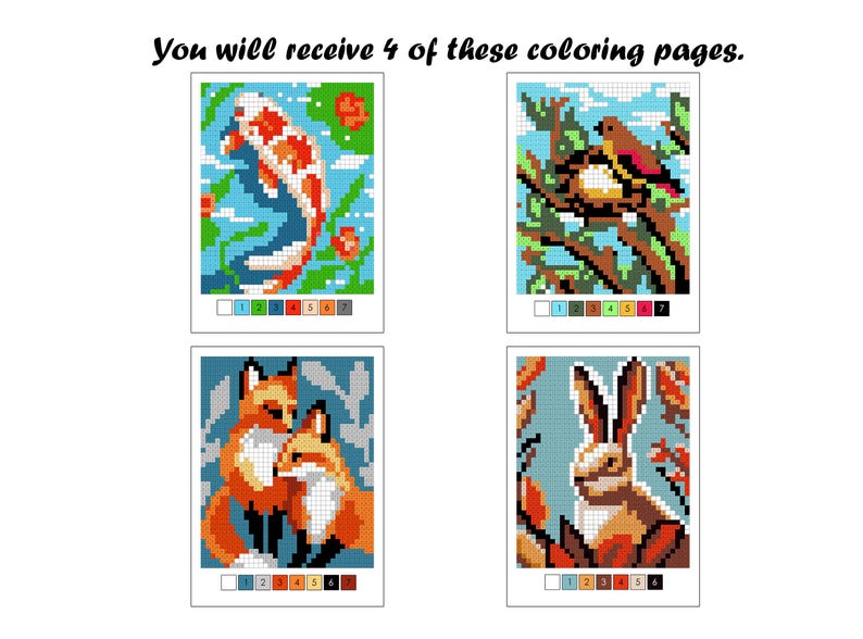 Pixel Art Coloring by Numbers - Animals | Hare, Koi Fish, Foxes & Bird ...