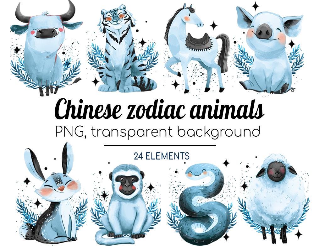 Blue Chinese Zodiac Clipart Set - Transparent Pngs - 12 Zodiac Signs in ...