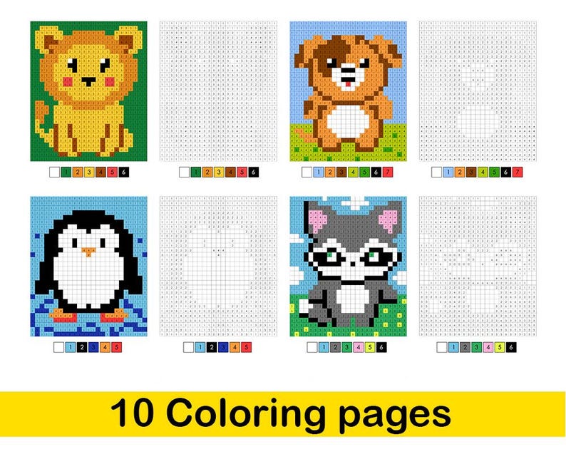Pixel Art Coloring by Numbers | Cute Animals | Kawaii Style for Kids ...
