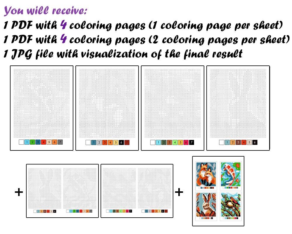 Pixel Art Coloring by Numbers - Animals | Hare, Koi Fish, Foxes & Bird ...