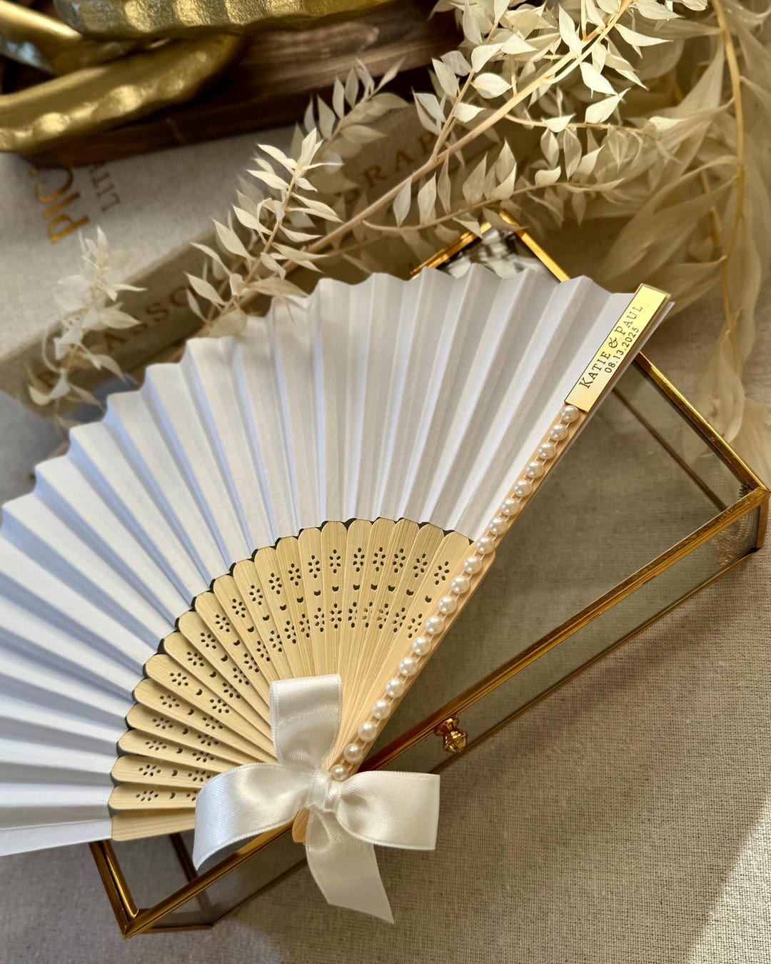 Personalized Wedding Hand Fan: Pearls, Ribbon & Engraved Tag - Etsy