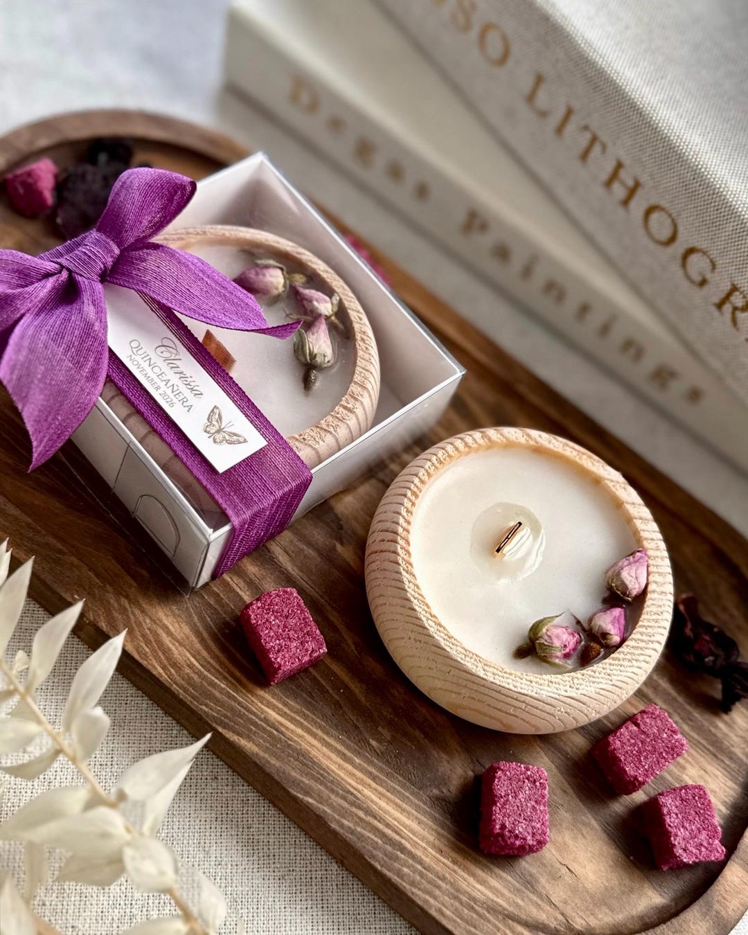 Personalized Wooden Candle Favor: Natural Soy Wax, Botanical Toppings ...