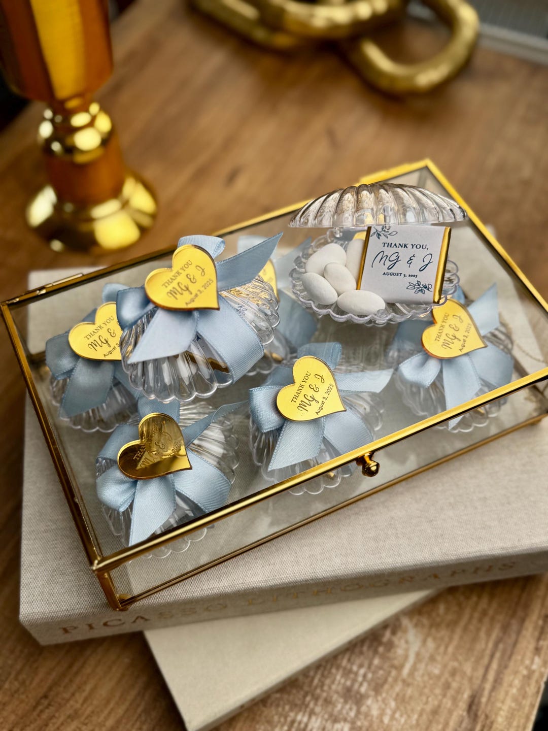 Personalized Shell Wedding Favor Box: Gold Heart Tag, Satin Ribbon - Etsy