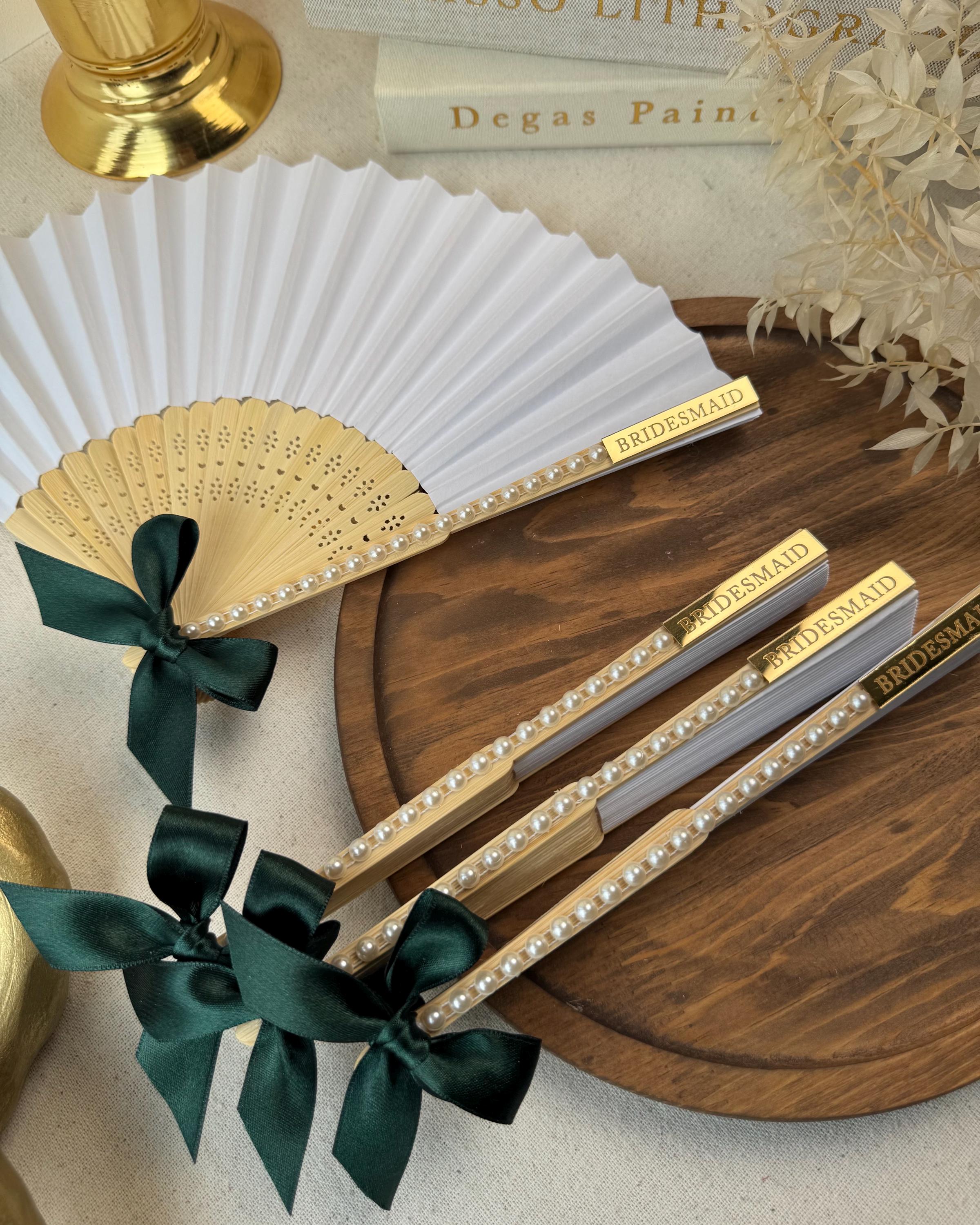 Personalized Wedding Fan – Pearl, Ribbon, Engraved Bridesmaid Gift - Etsy
