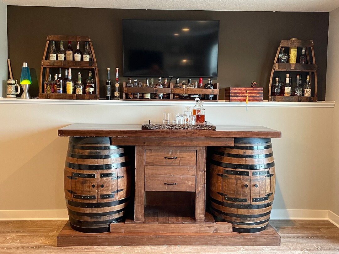 Whiskey Barrel Bar With Walnit River Top With a Whiskey Bottle Buried ...