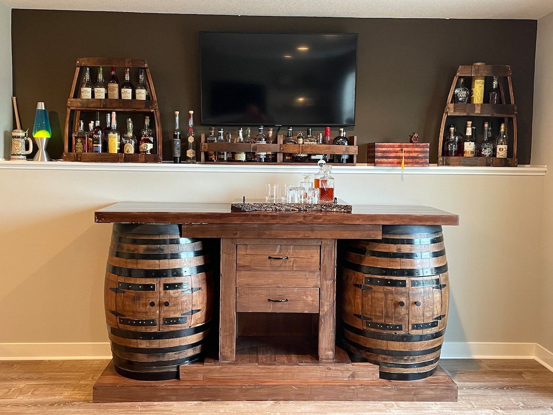 Whiskey Barrel Bar With Walnit River Top With a Whiskey Bottle Buried ...
