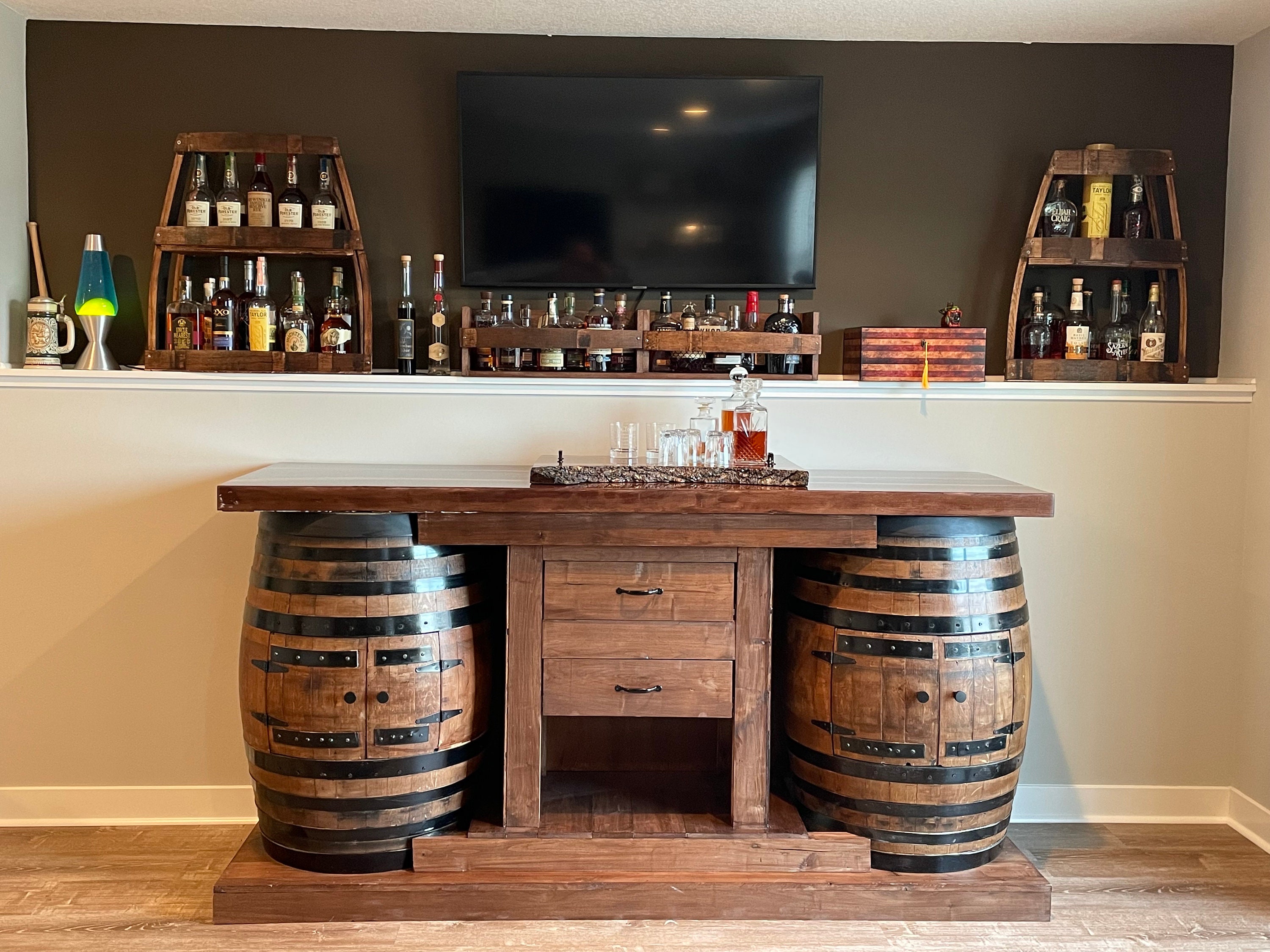 Whiskey Barrel Bar With Walnit River Top With a Whiskey Bottle Buried ...