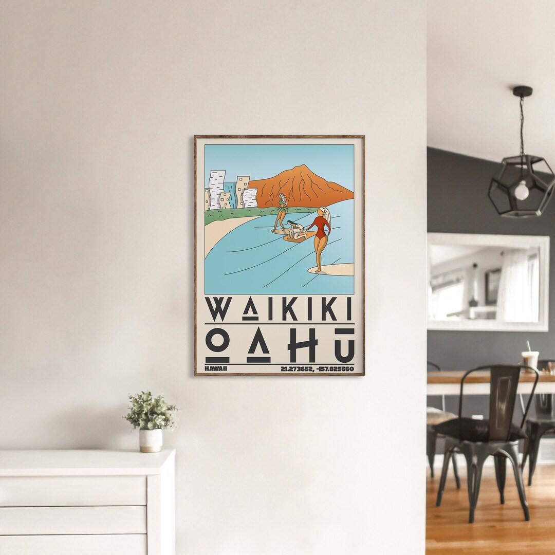 WAIKIKI BEACH POSTER - Retro Travel Poster, Oahu Travel Poster, Hawaii ...