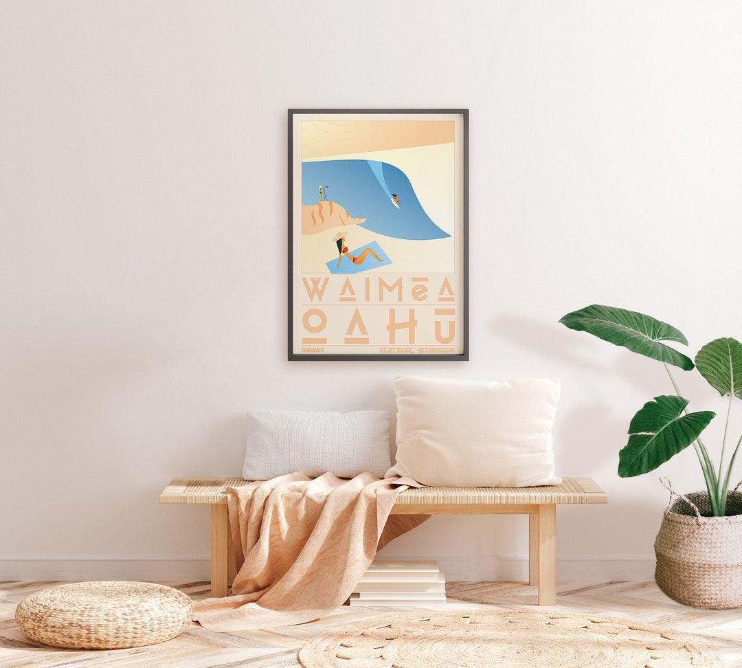 WAIMEA TRAVEL POSTER - Oahu Wall Art, Retro Travel Poster, Waimea Bay ...