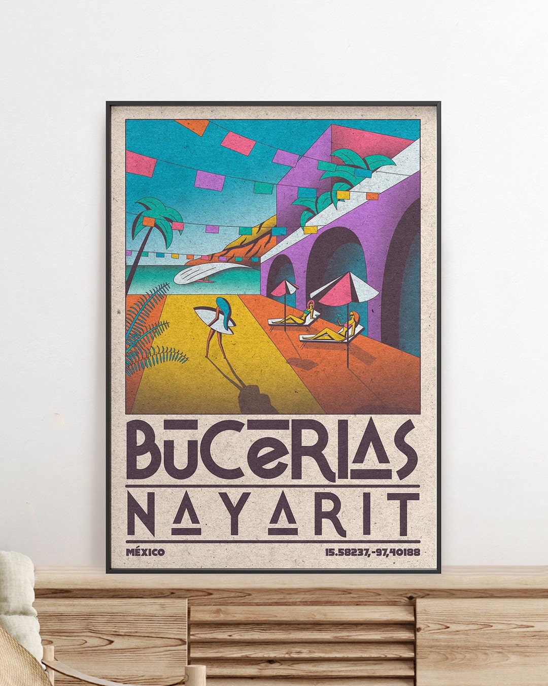 MEXIKO TRAVEL POSTER - Bucerias Nayarit Druck, Surf Wand Poster ...