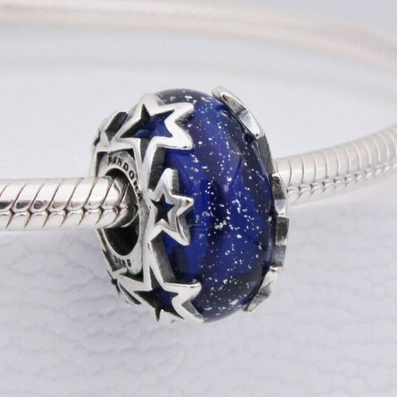 Pandora Bracelet Charms Beads Murano Glass New s925 Sterling Silver Galaxy Blue Star Murano Charm Threaded Stamp