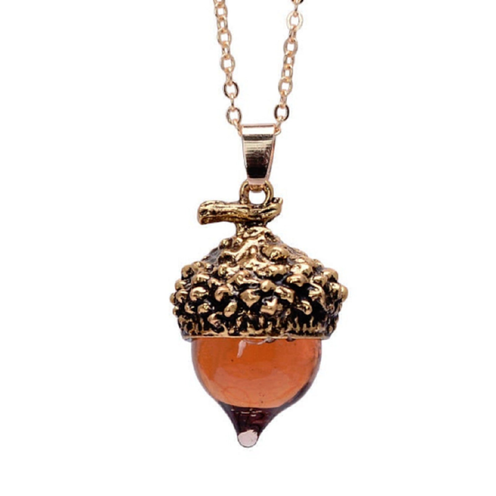 Amber Glass Acorn Pendant Necklace Antique Bronze Includes Etsy