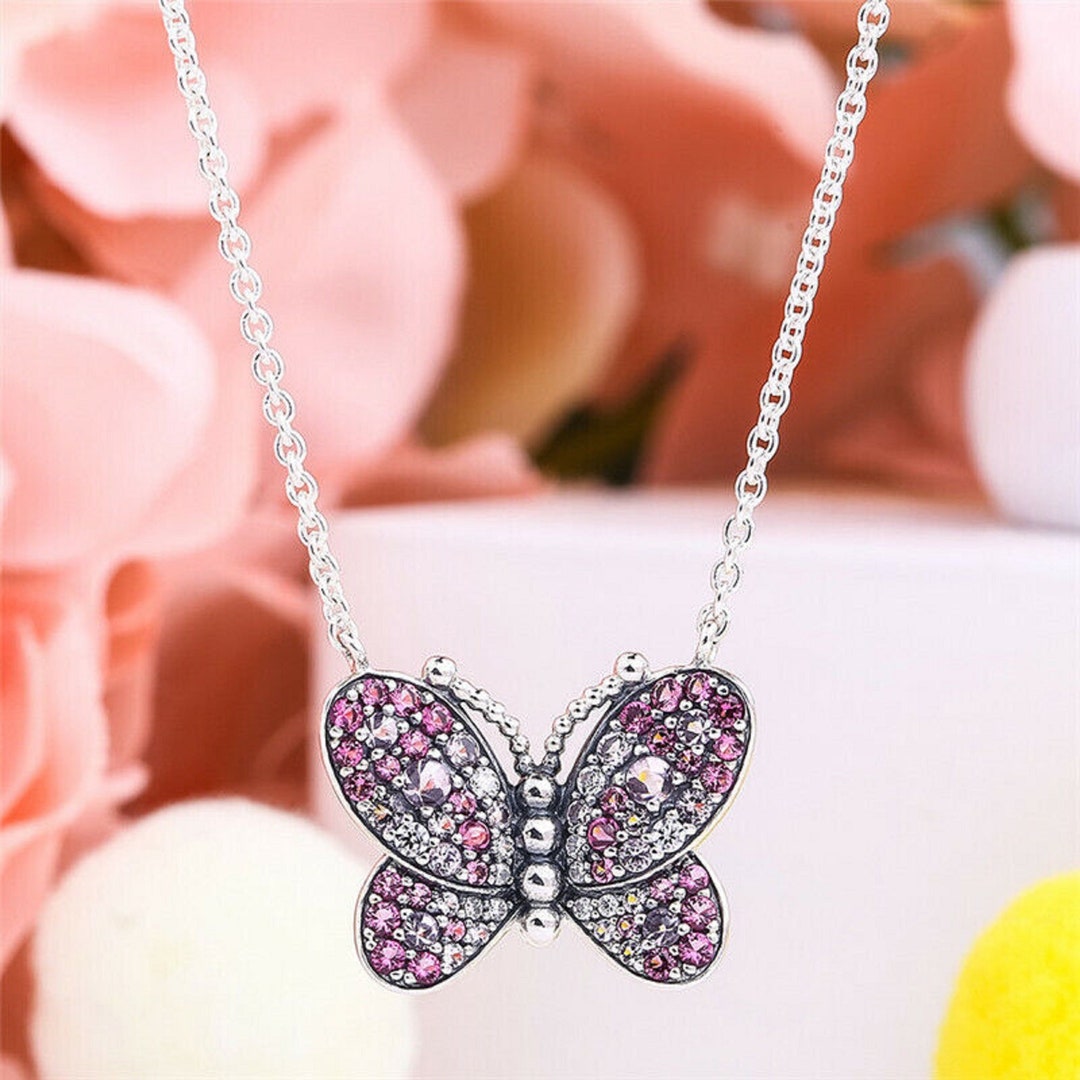 Dazzling Pink Butterfly Necklace 19.7 50cm New S925 Sterling Silver Pink and Purple CZ 50cm Sterling Silver Chain Brand New Etsy