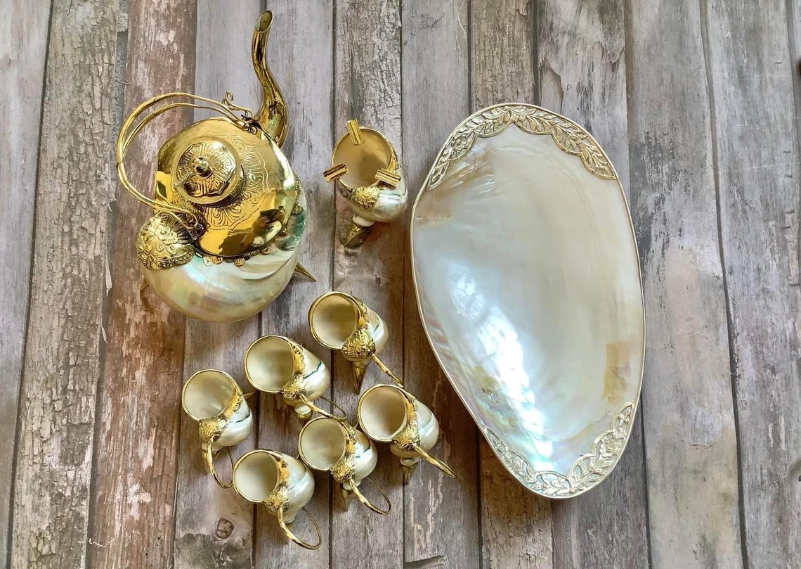 Set of Conch Shell Teapot and Cups, Bronze Edged, Home Decor, Unique ...