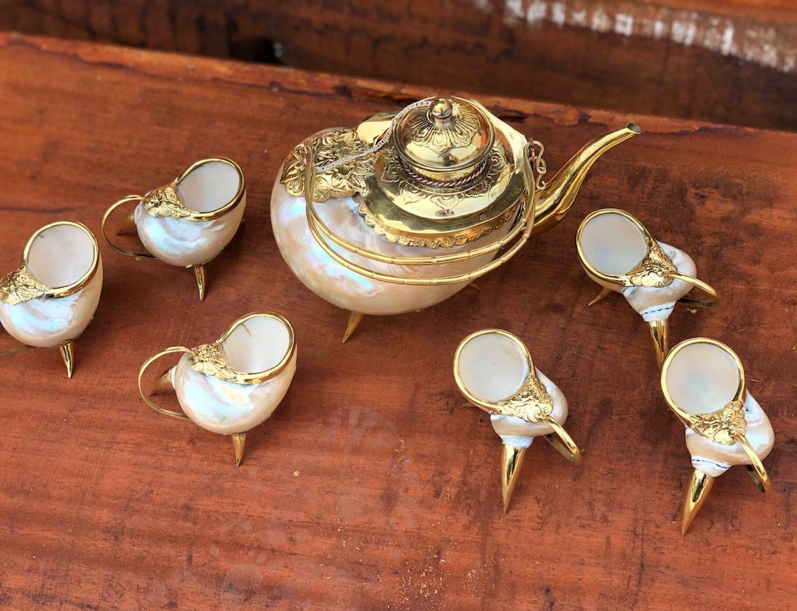 Set of Conch Shell Teapot and Cups, Bronze Edged, Home Decor, Unique ...