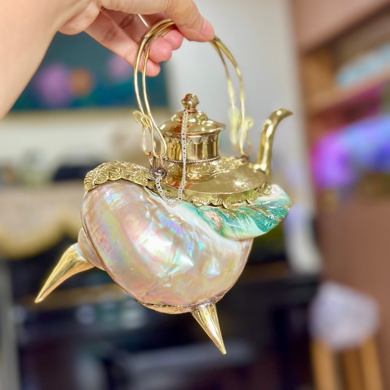 Set of Conch Shell Teapot and Cups, Bronze Edged, Home Decor, Unique ...