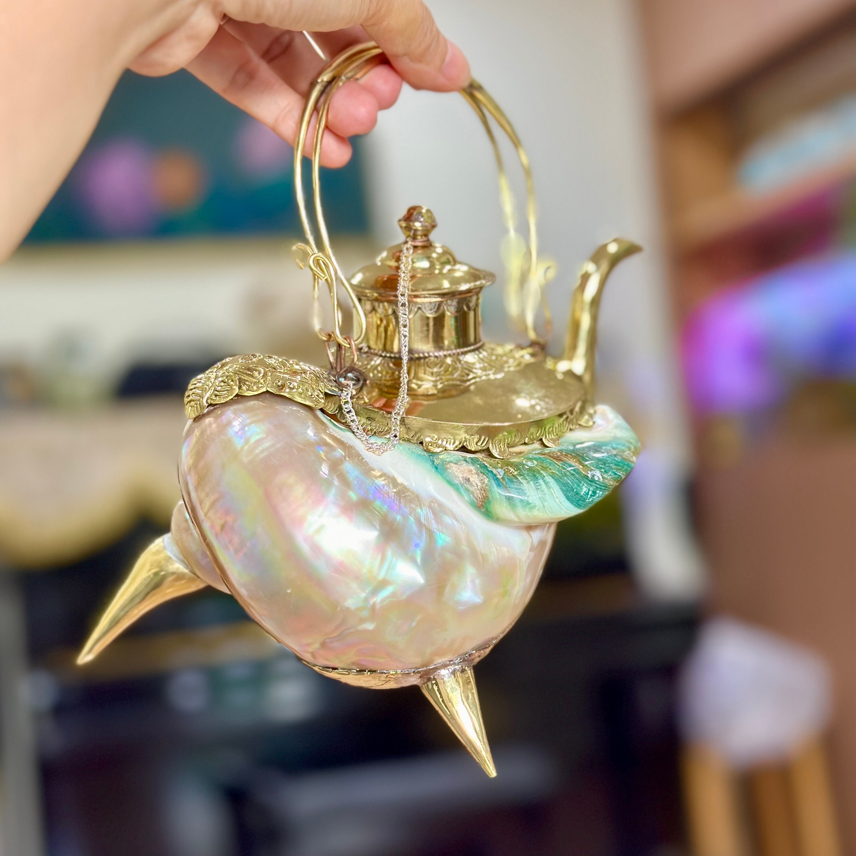Set of Conch Shell Teapot and Cups, Bronze Edged, Home Decor, Unique ...