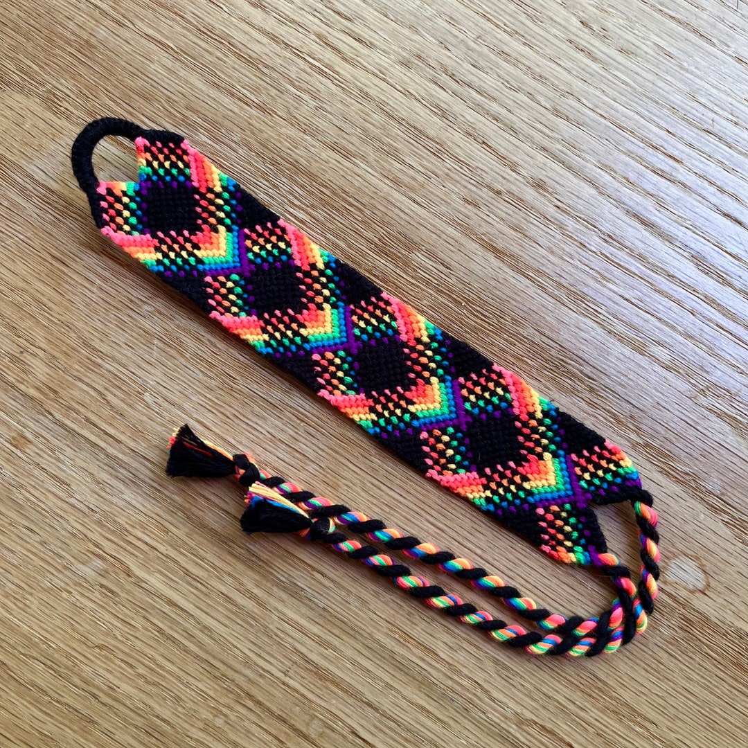 Friendship Bracelet Woven Neon Rainbow Black Knotted With Cotton Thread ...