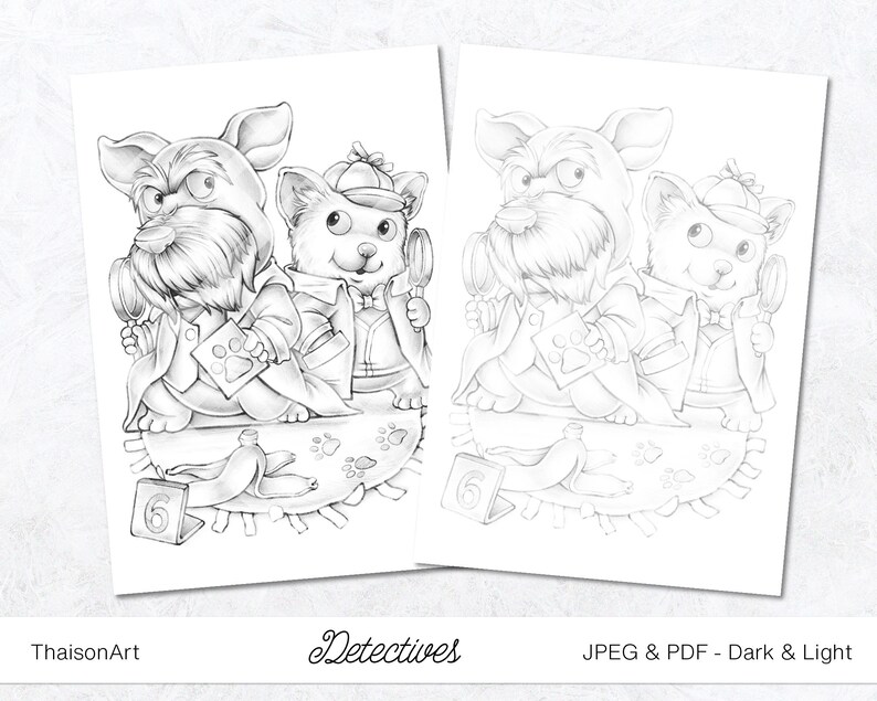 Detectives Cute Coloring Page for Adults and Kids Animal - Etsy