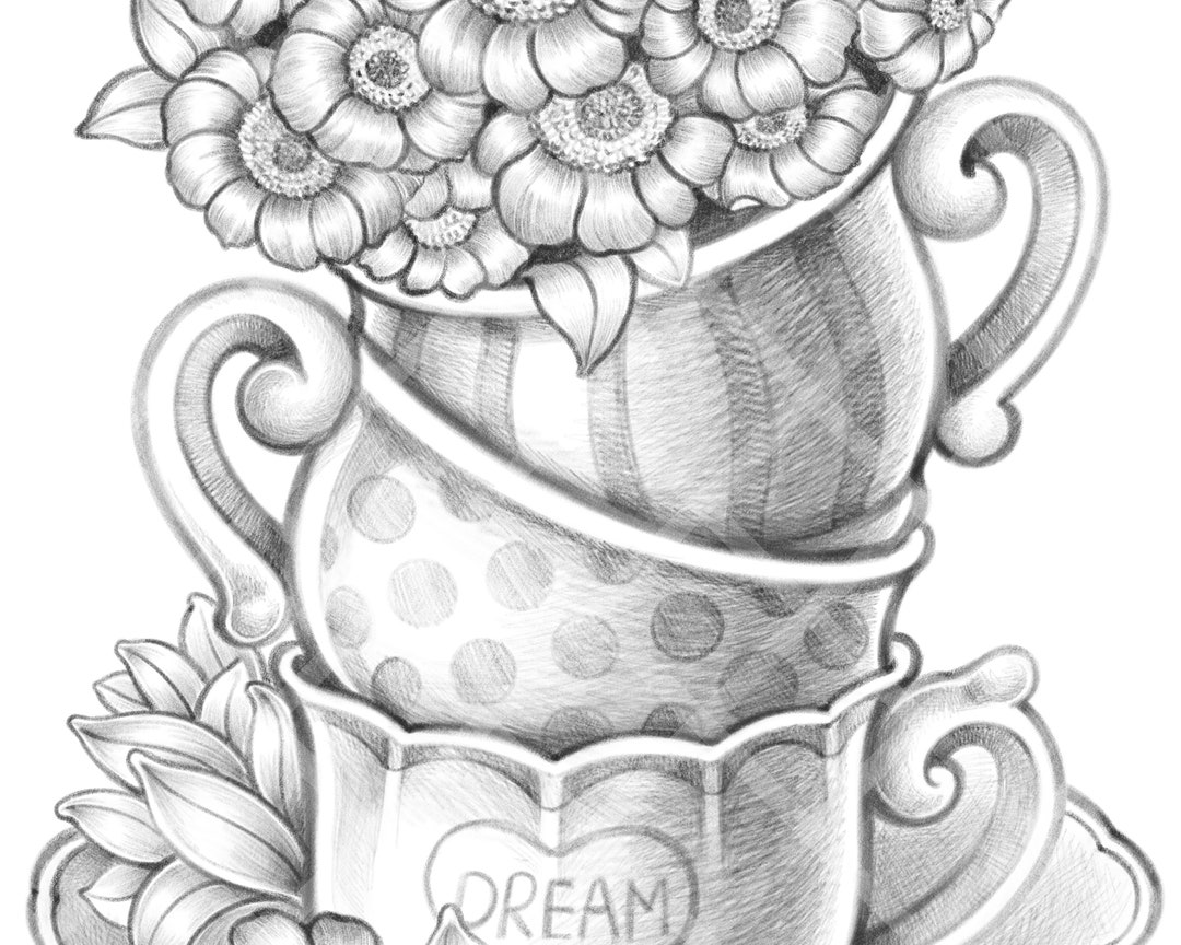 Tea Cup - Cute Coloring Page Printable for Adult and Kid - Flower ...