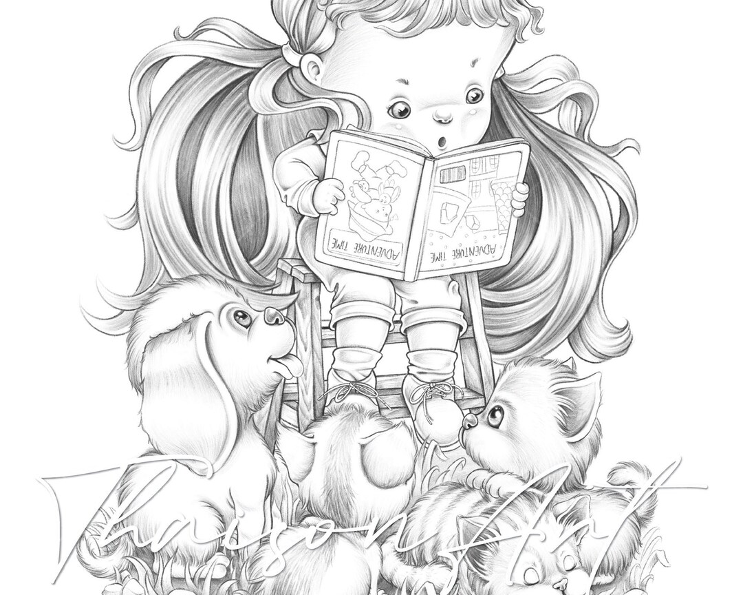 Reading Session - Adult Coloring Page - Kid Coloring Sheet Animal ...