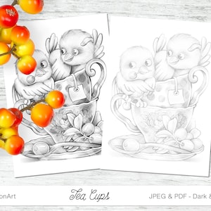 Tea Cups 2 - Cute Coloring Page Printable for Adult and Kid - Flower ...
