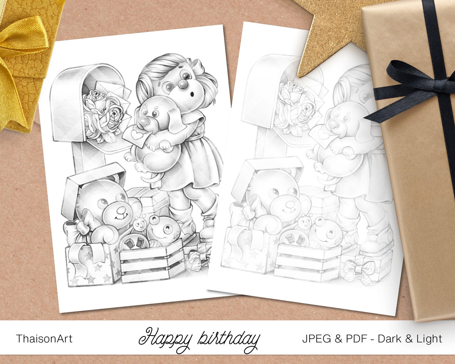 Happy Birthday Grayscale Coloring Page Printable Cute - Etsy