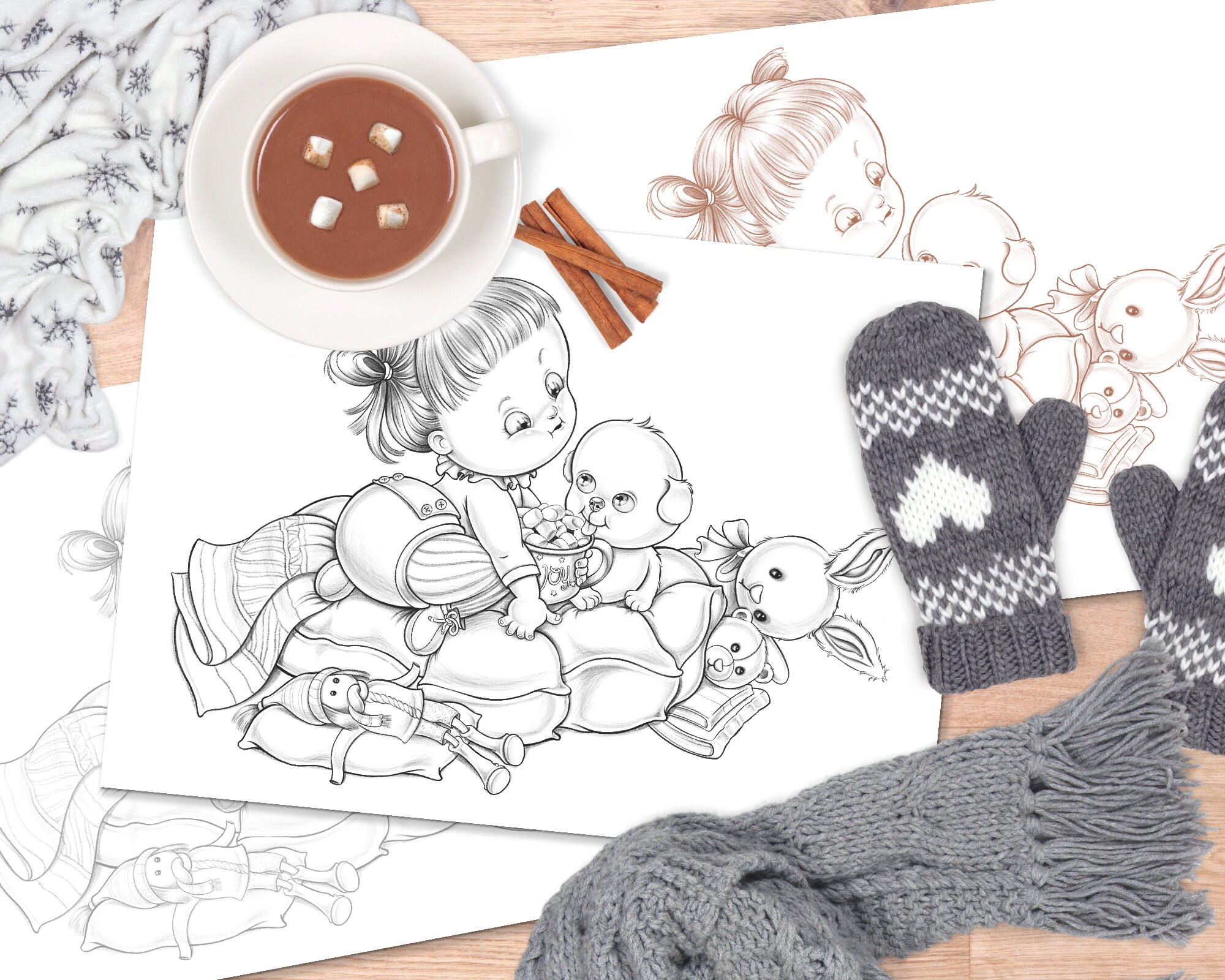 Cozy day Girl and dog coloring page Adult coloring sheet | Etsy