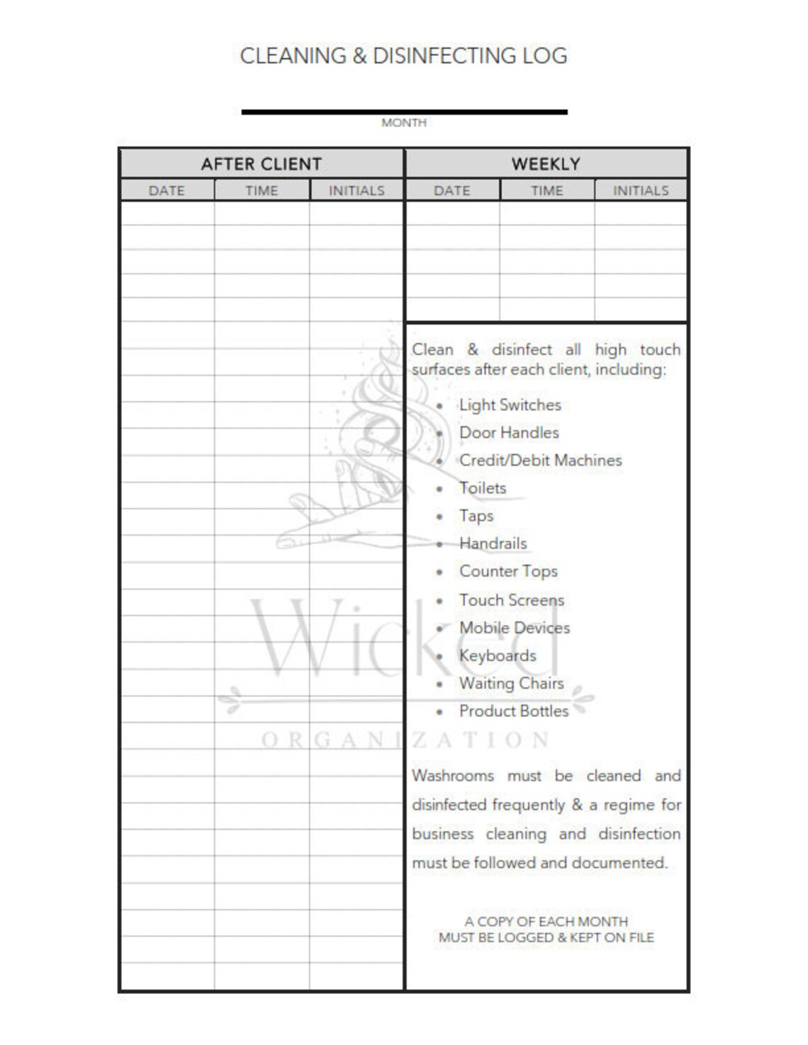 Printable Cleaning & Disinfecting Log - Etsy