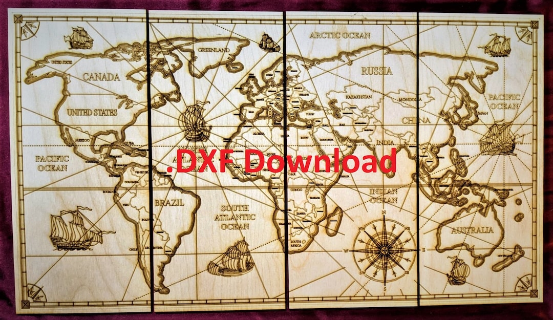World Map 4 Piece Wood Engraving .DXF Download - Etsy