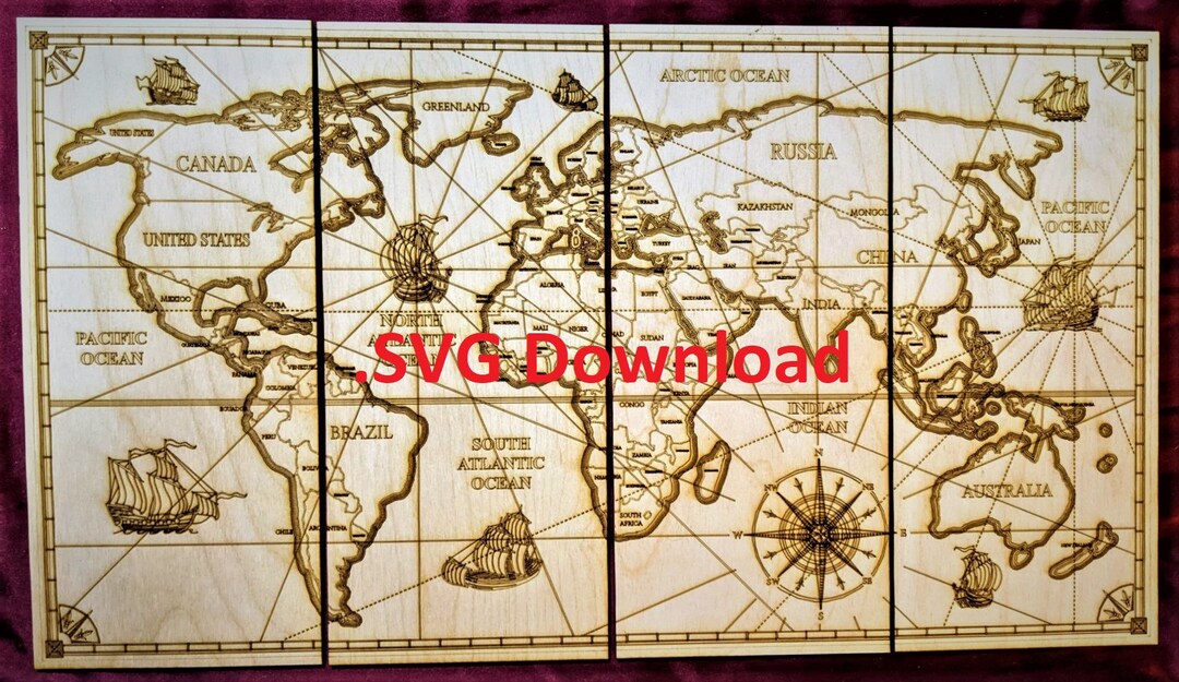 World Map 4 Piece Wood Engraving .SVG Download - Etsy
