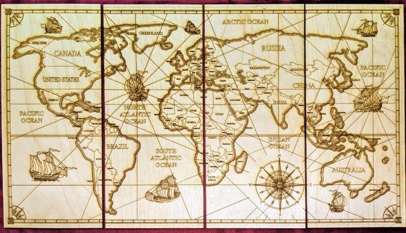 World Map 4 Piece Wood Wall Art - Etsy