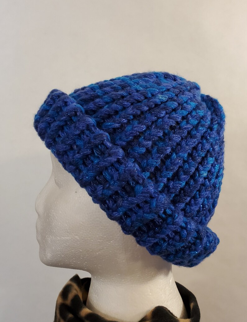 Super Thick Chunky Hat With Brim, Sparkle Yarn Toque Lapis Blue ...