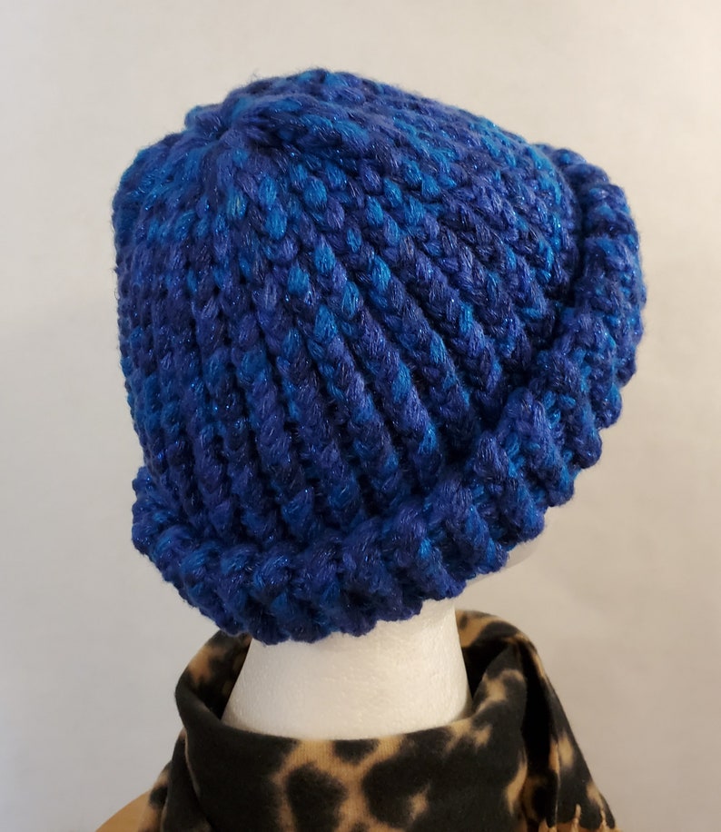 Super Thick Chunky Hat With Brim, Sparkle Yarn Toque Lapis Blue ...