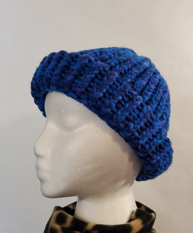 Super Thick Chunky Hat With Brim, Sparkle Yarn Toque Lapis Blue ...