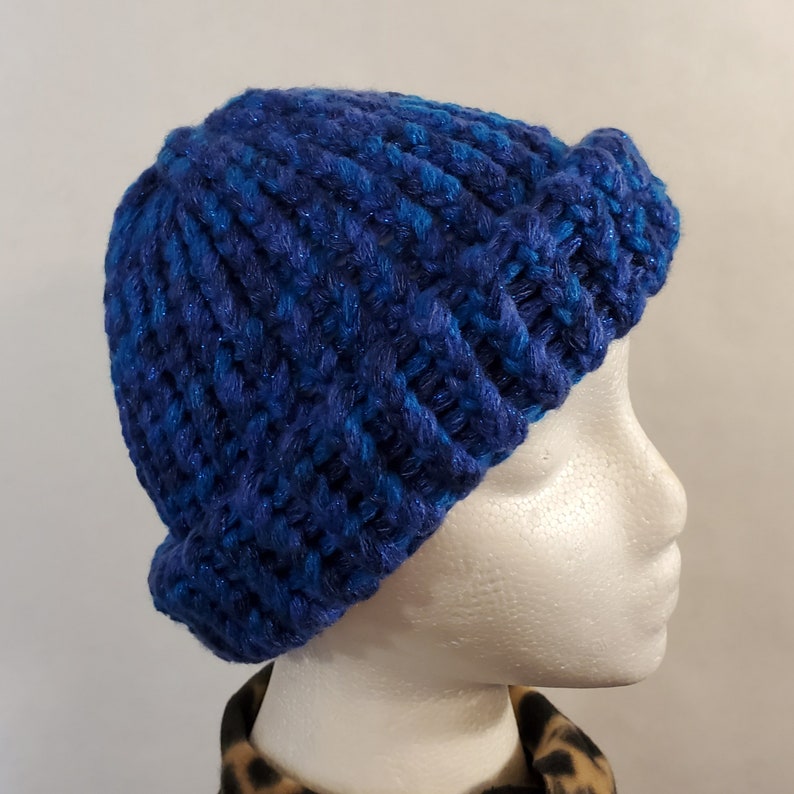 Super Thick Chunky Hat With Brim, Sparkle Yarn Toque Lapis Blue ...