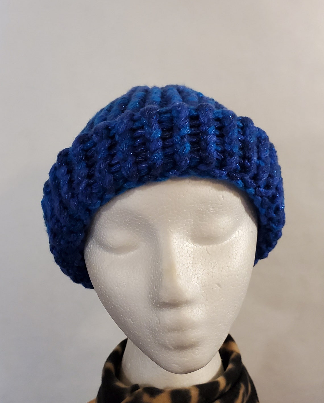 Super Thick Chunky Hat With Brim, Sparkle Yarn Toque Lapis Blue ...