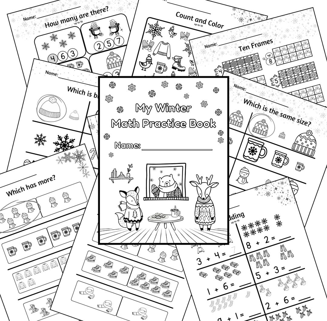 26 Pg. Kindergarten Winter Math Workbook: Counting, Size Comparison ...