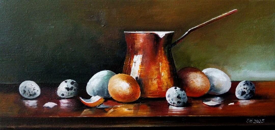 Copper Turkish Coffee Pot Still Life: Original Oil Painting (12x25 Cm ...
