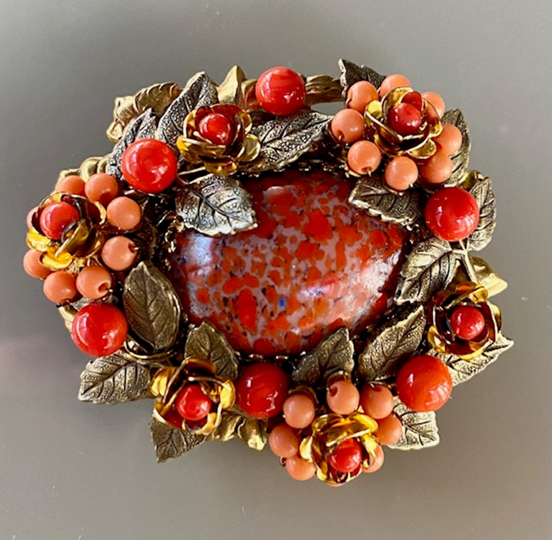 Stanley Hagler Autumnal Brooch With Art Glass Cabachon - Etsy