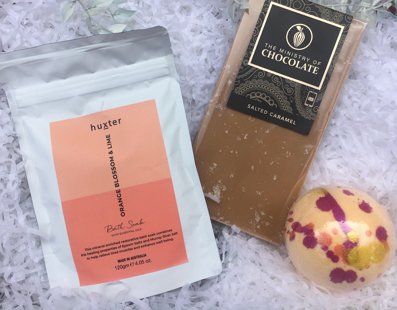 Pamper Hamper Bath Bomb, Chocolate and Bath Soak Australian Made Pamper ...