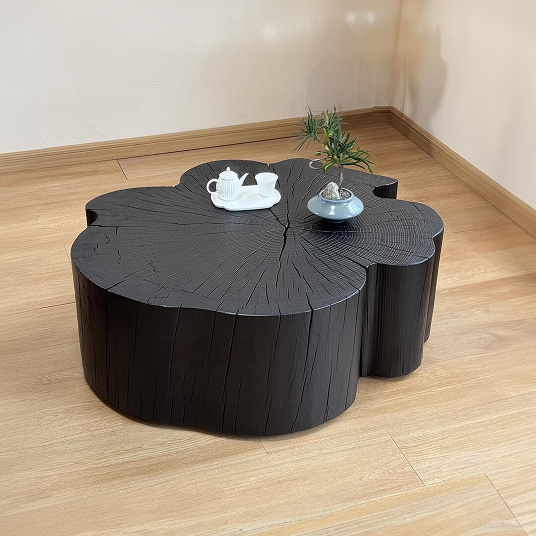 Solid Wood Black Coffee Table Rustic Round Wood With Natural Cracks for ...