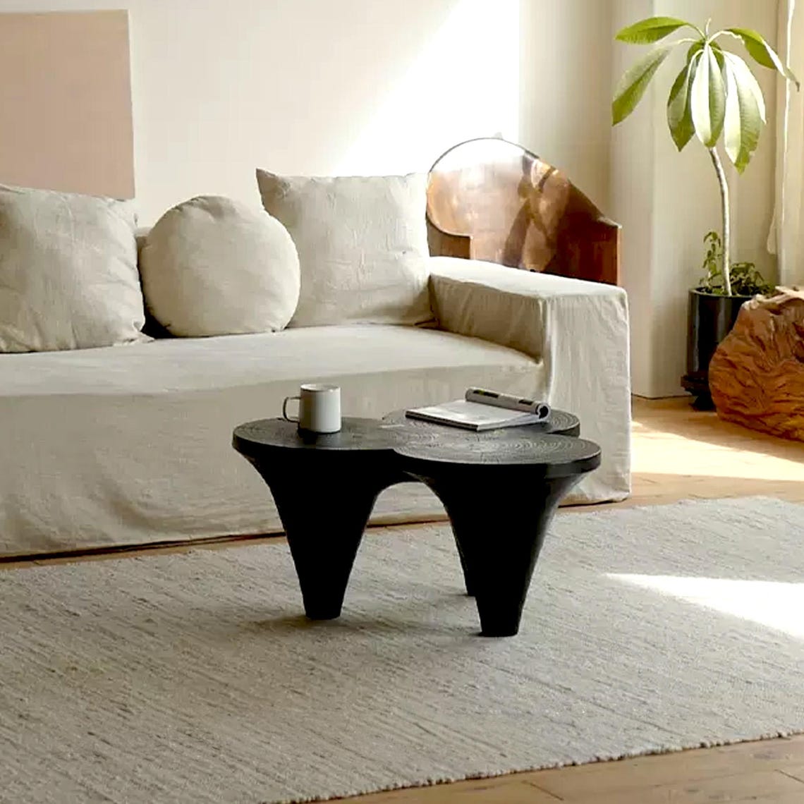 Solid Wood Low Coffee Table Round Black Wood Small Tea Table Rustic ...