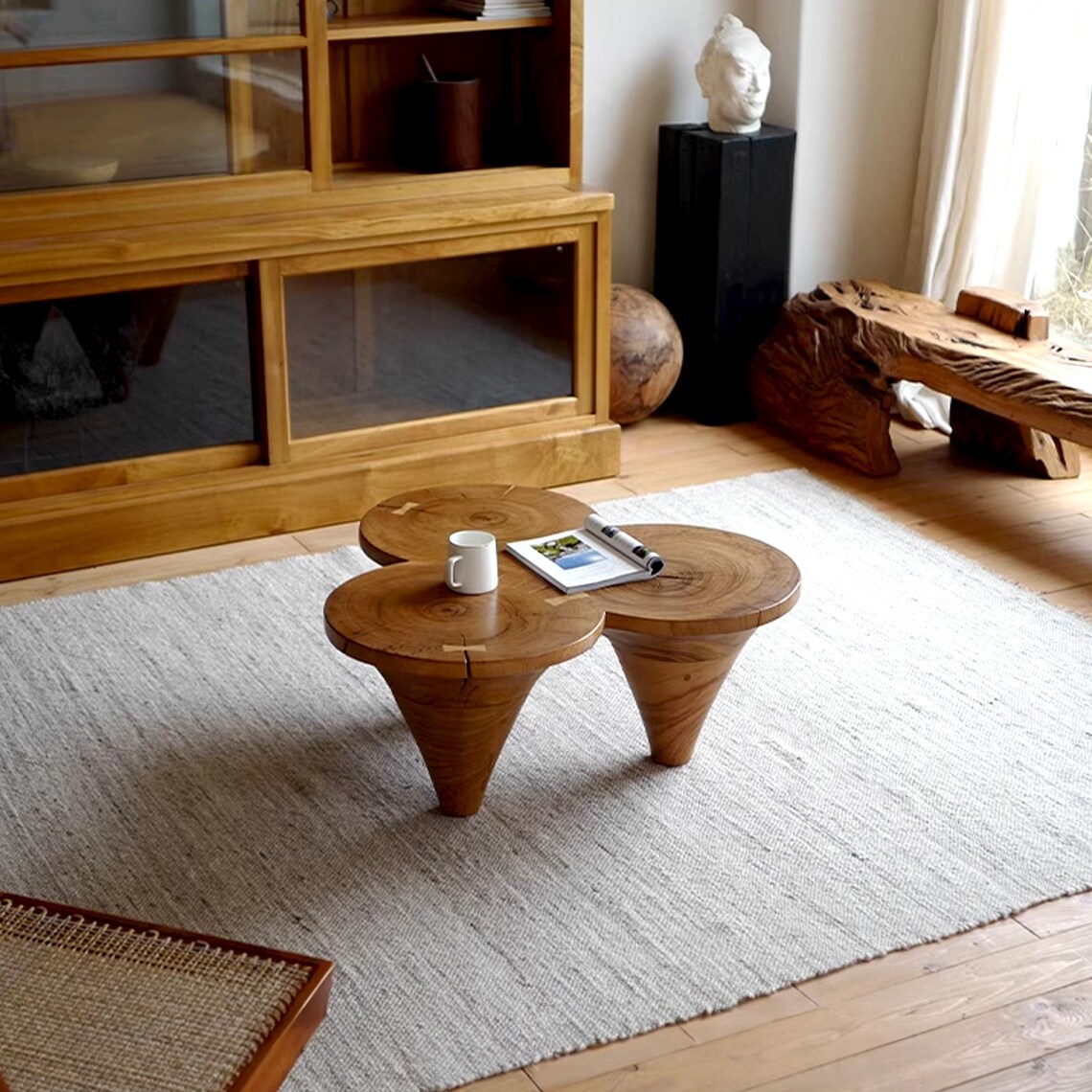 Solid Wood Low Coffee Table Round Black Wood Small Tea Table Rustic ...