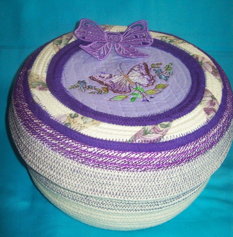 Handmade Lavender Rope Sewing Basket: Embroidered Butterfly Lidded Bowl ...